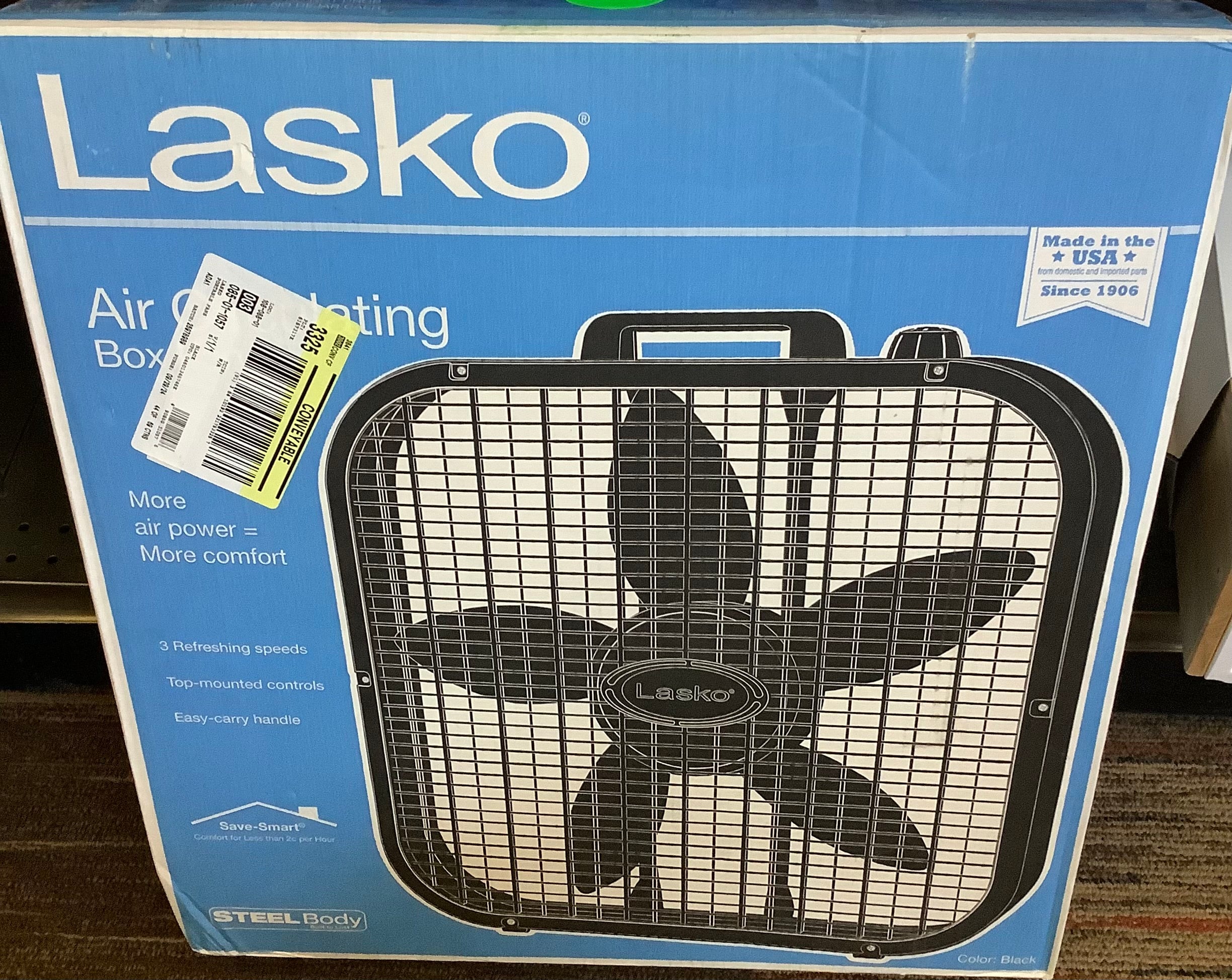 Lasko Box Fan Black: 20" Portable Floor Fan, 3 Speeds, Indoor Use, ETL ...