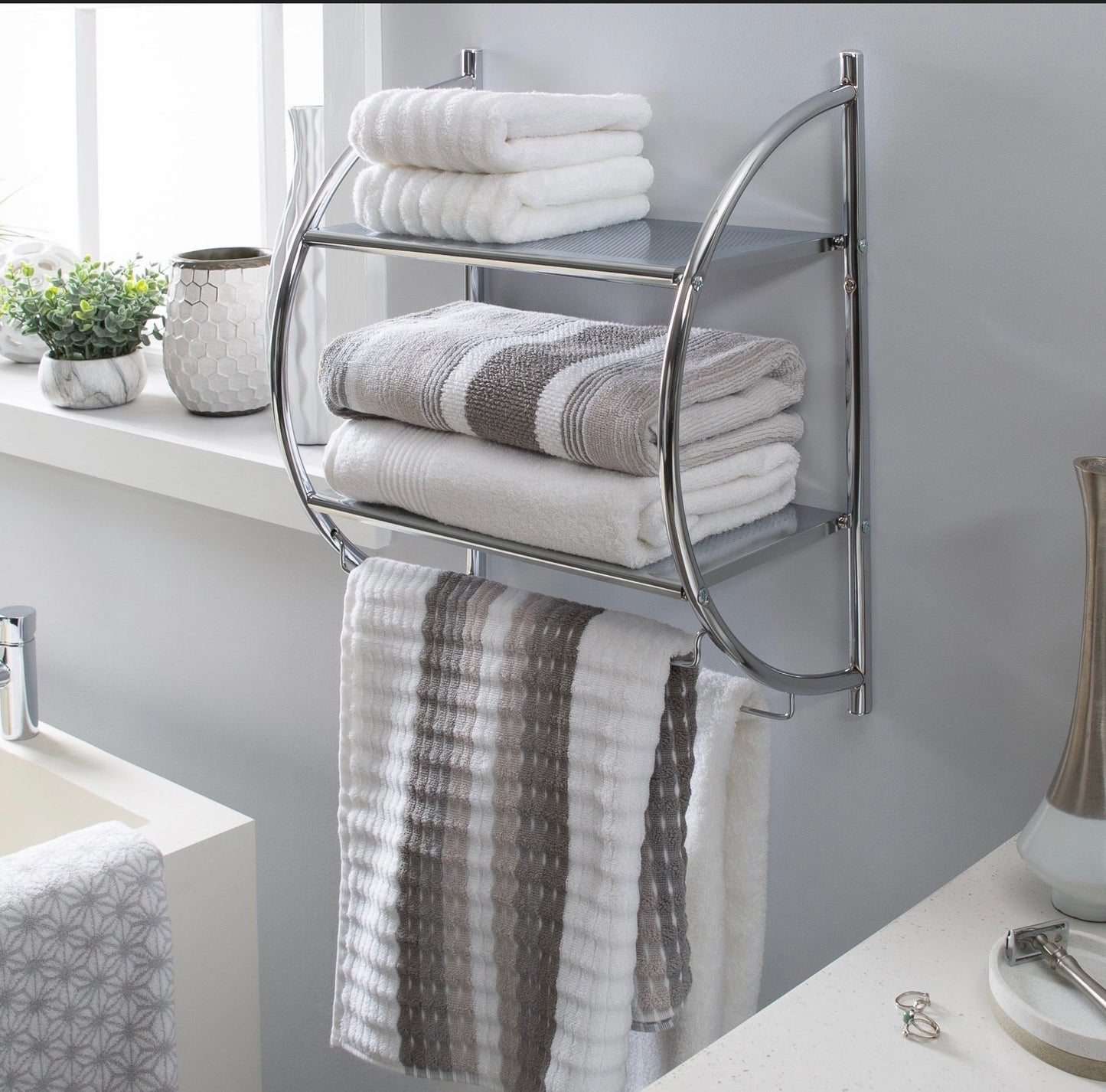 2 Tier Wall Mounted Shelf with Towel Bar Silver - Organize It All: Met ...